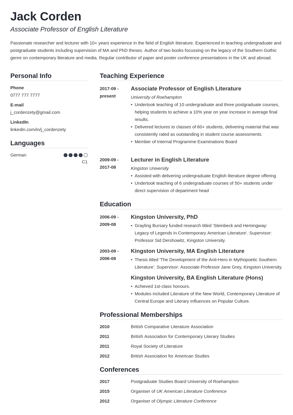Academic CV Template Examples Best Format Tips
