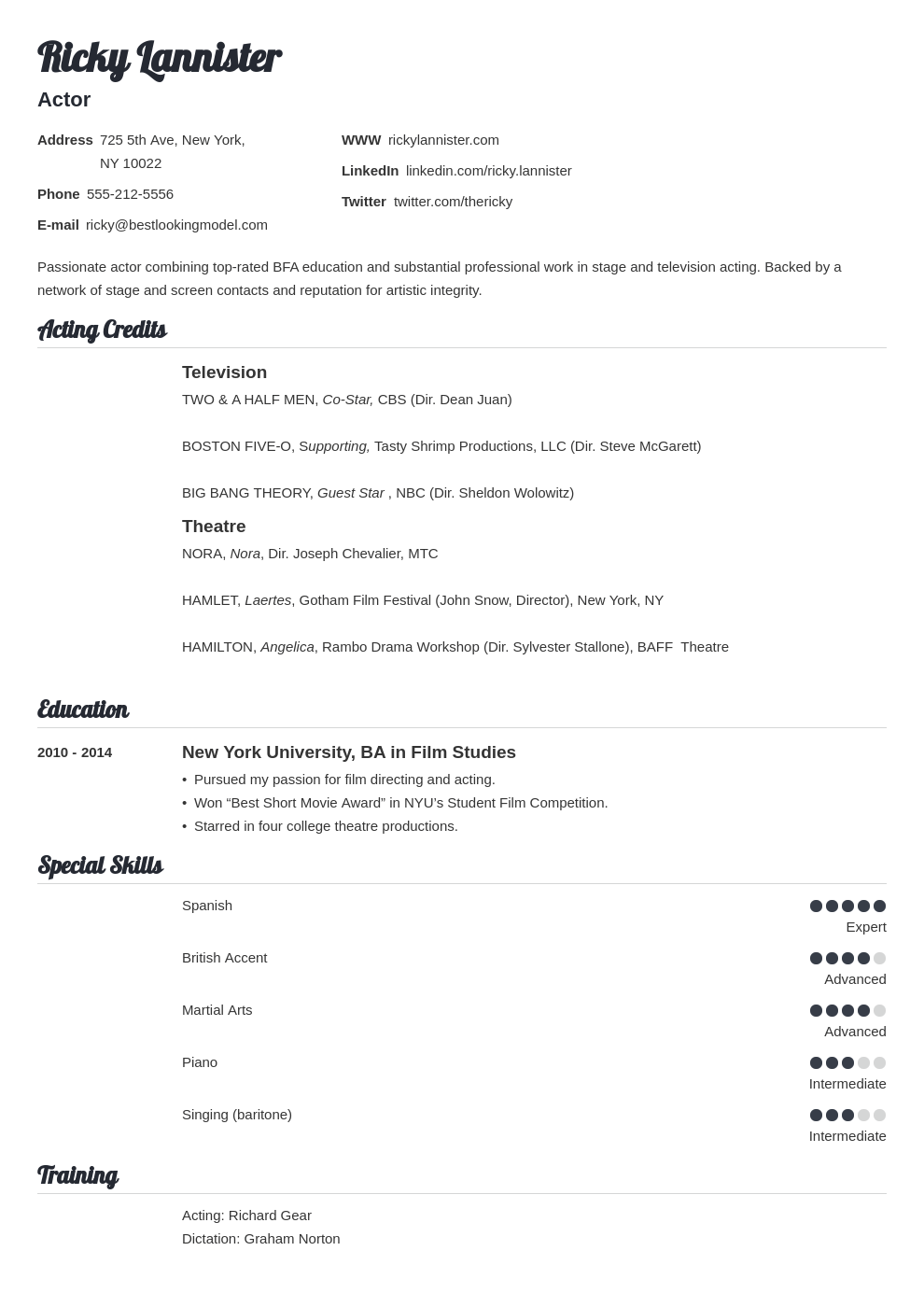 Write Resum For Actors 50 Free Acting Resume Templates Word Google 