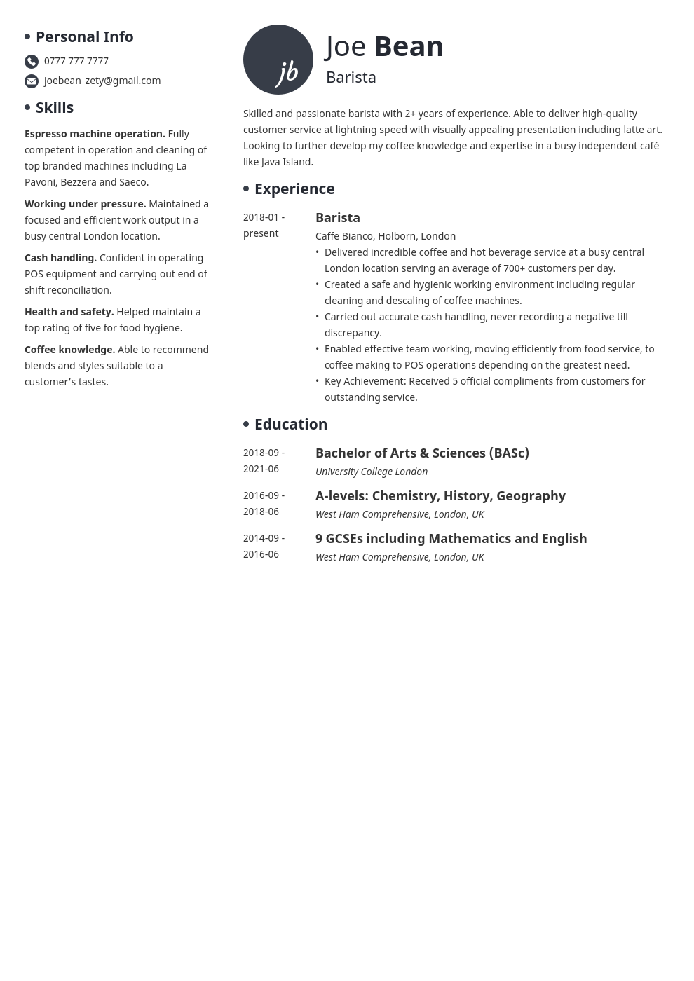Barista CV Example & Template for 2025