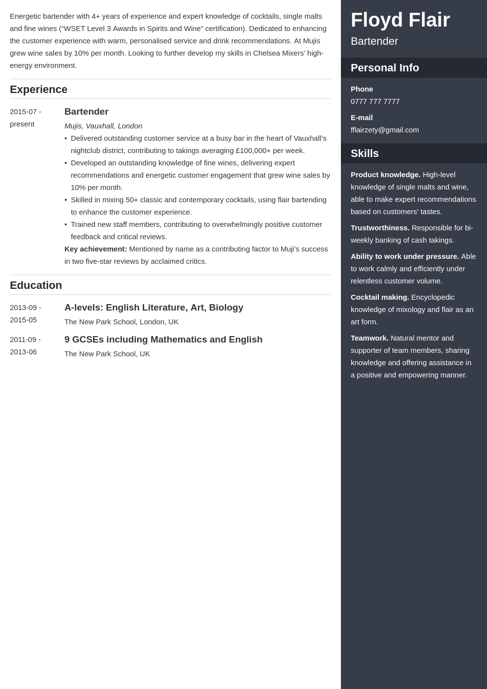 Bartender CV Example & Writing Guide for 2025