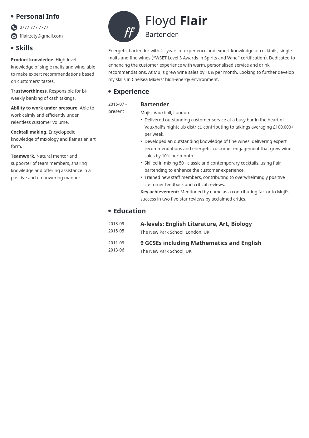 Bartender CV Example & Writing Guide for 2025