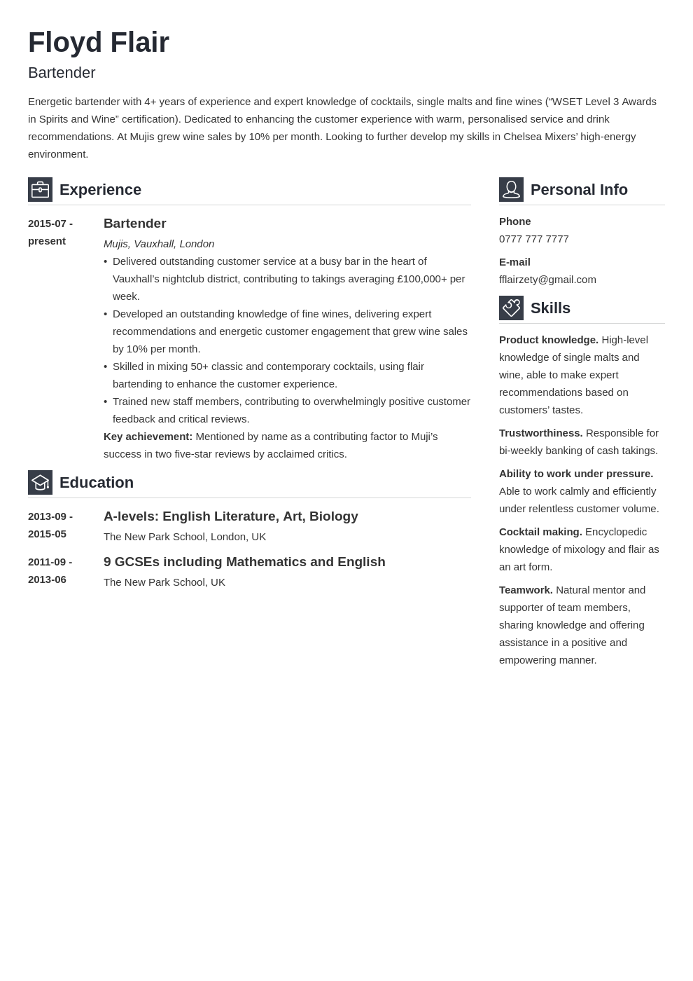 Bartender CV Example & Writing Guide for 2025