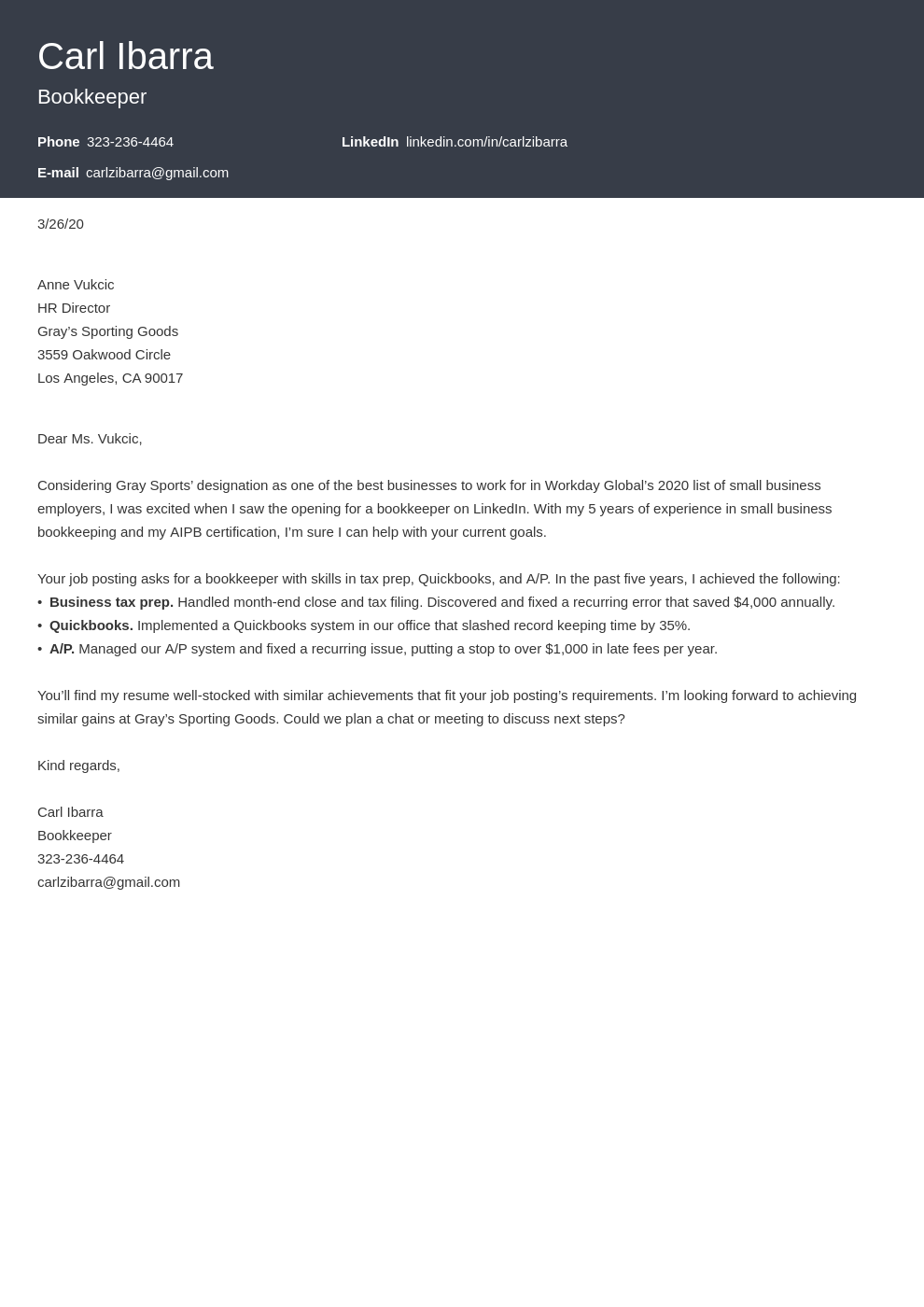 Bookkeeper Cover Letter Sample Format Writing Guide
