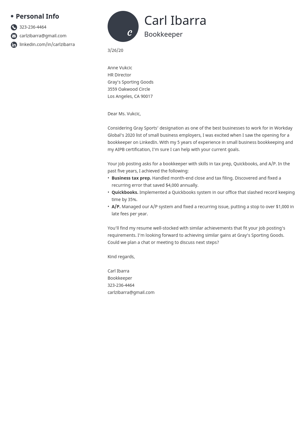 Bookkeeper Cover Letter Sample Format Writing Guide