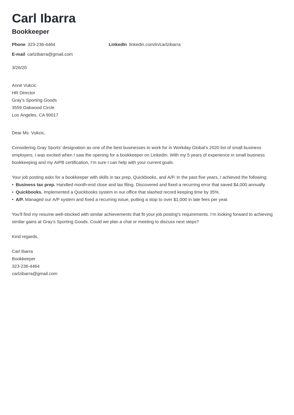 Bookkeeper Cover Letter Sample Format Writing Guide