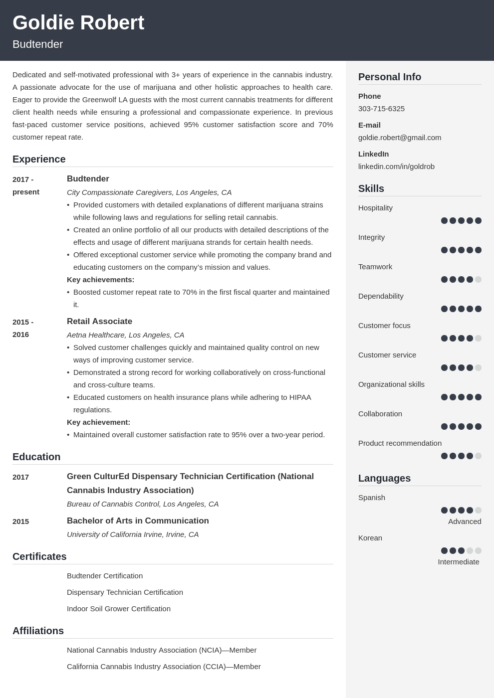 Budtender Resume Example Cover Letter For Cannabis Dispensary