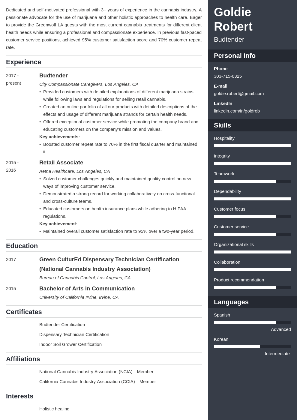 Budtender Resume Example With Or Without Experience 