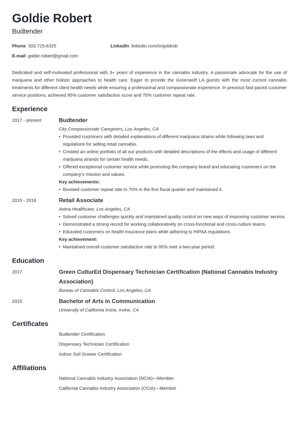 Budtender Resume Example Cover Letter For Cannabis Dispensary