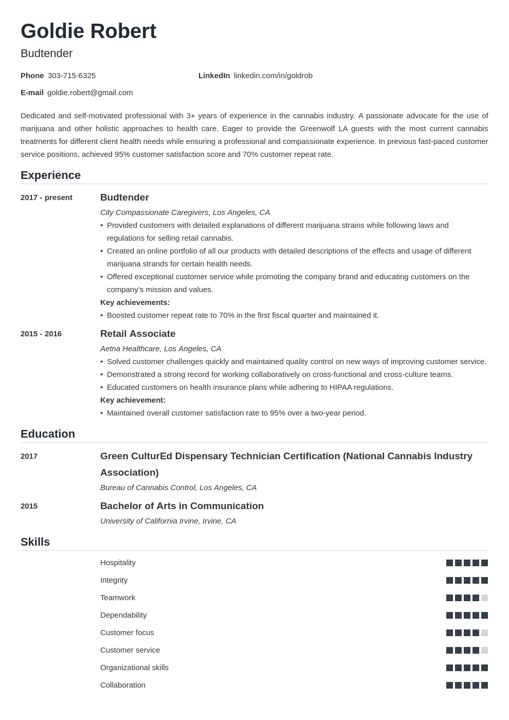 Budtender Resume Example With Or Without Experience 