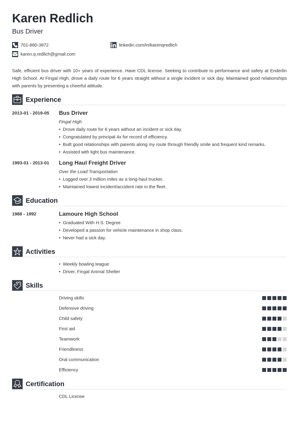 Bus Driver Resume