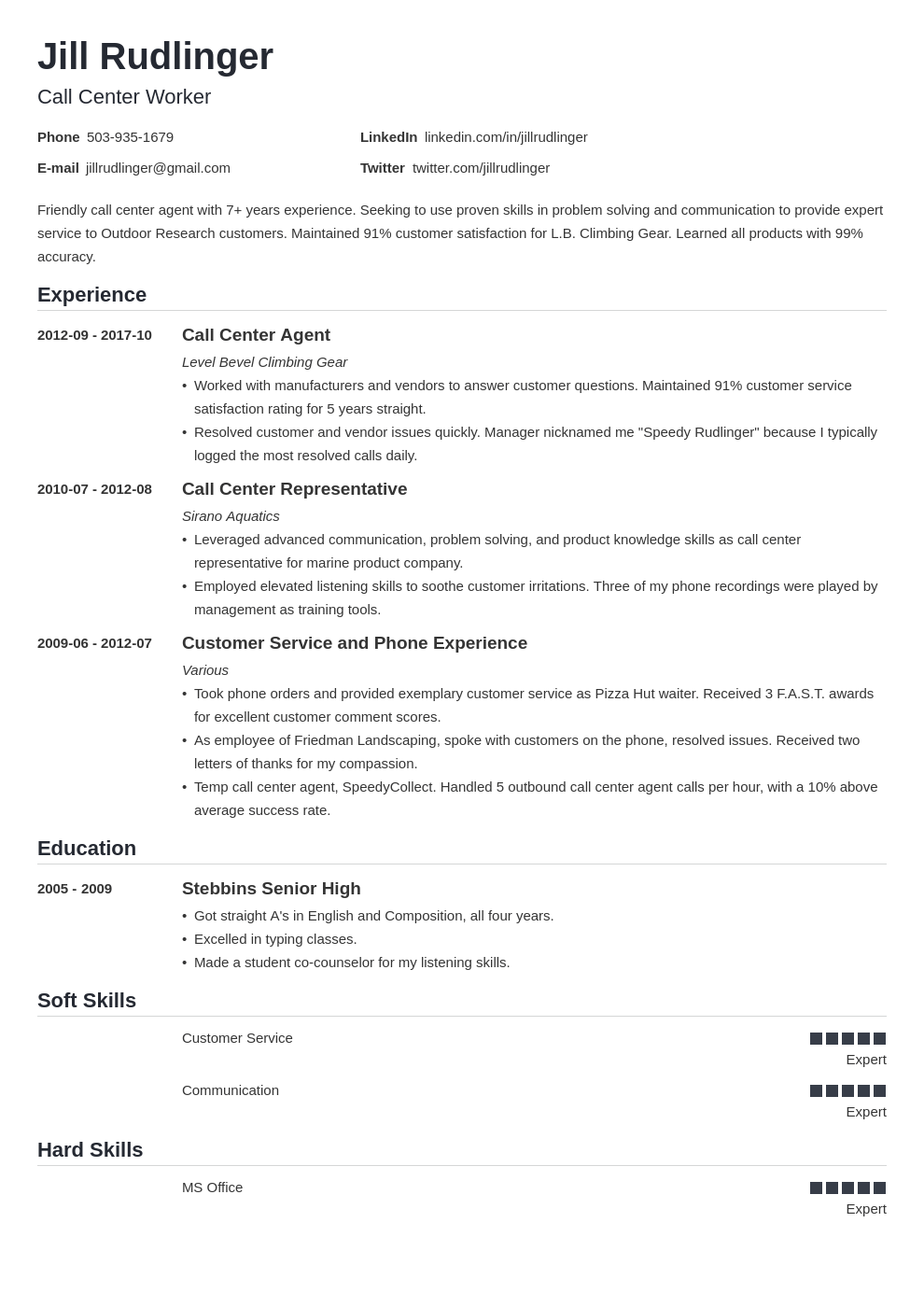 Call Center Resume Examples Skills Job Description 