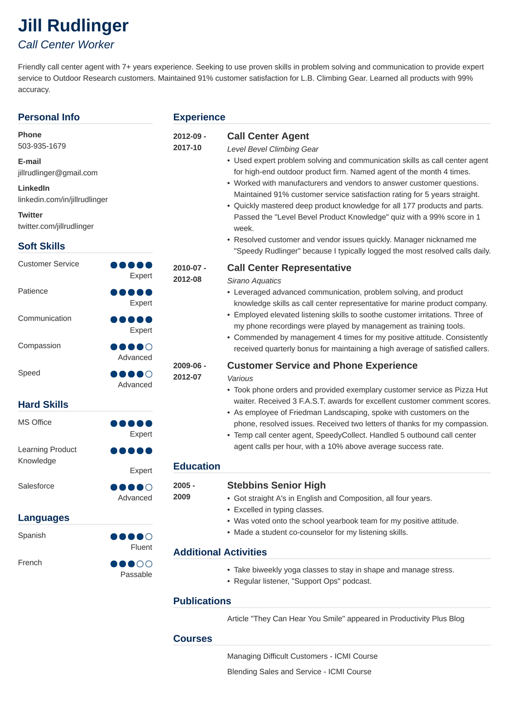 Call Center Resume Examples Skills Job Description 