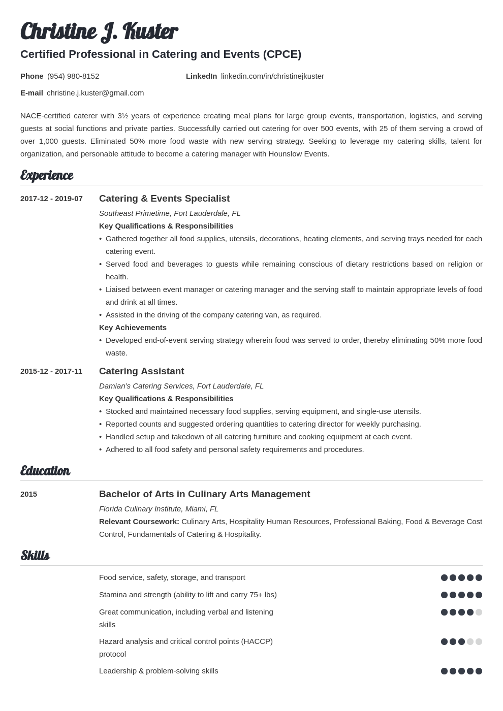 Catering Resume Sample Job Description Skills