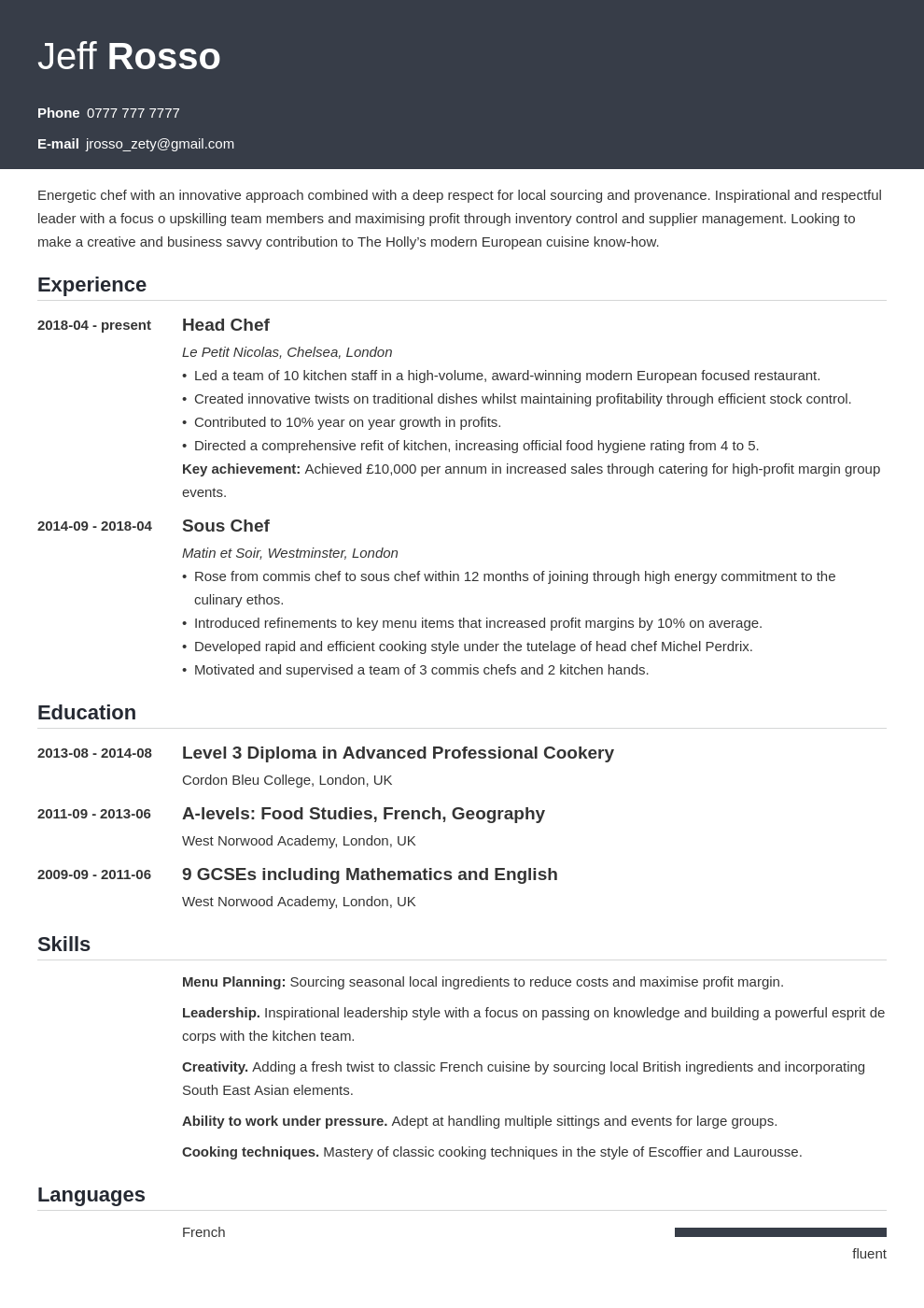 Chef CV Example Writing Guide Template 20 Tips