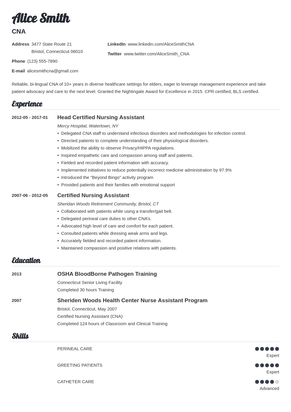 Certified Nursing Assistant CNA Resume Examples
