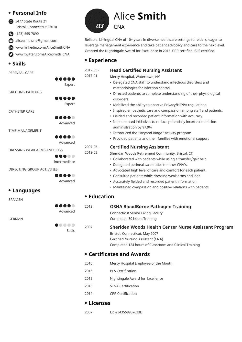 Certified Nursing Assistant CNA Resume Examples Skills