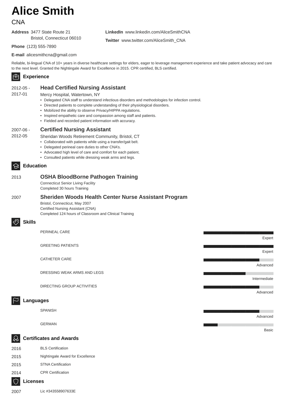 Certified Nursing Assistant CNA Resume Examples Skills