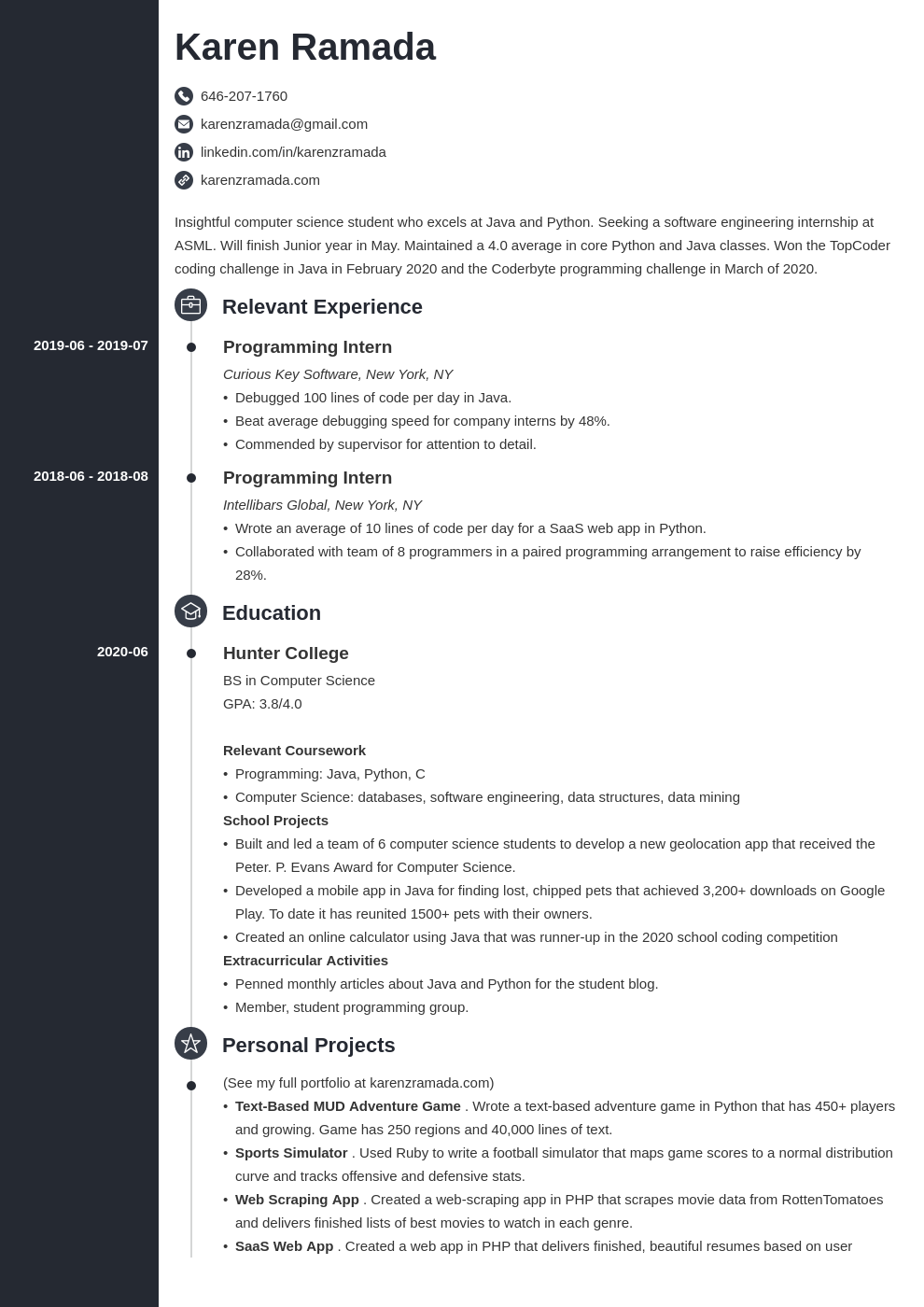 Computer Science Internship Resume Template CS Student 