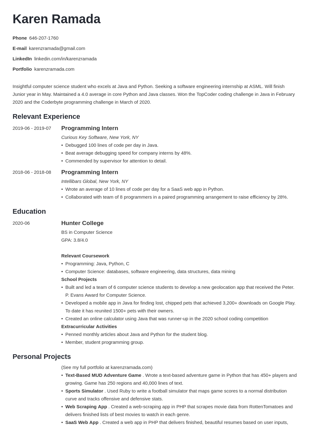 Computer Science Internship Resume Template CS Student 