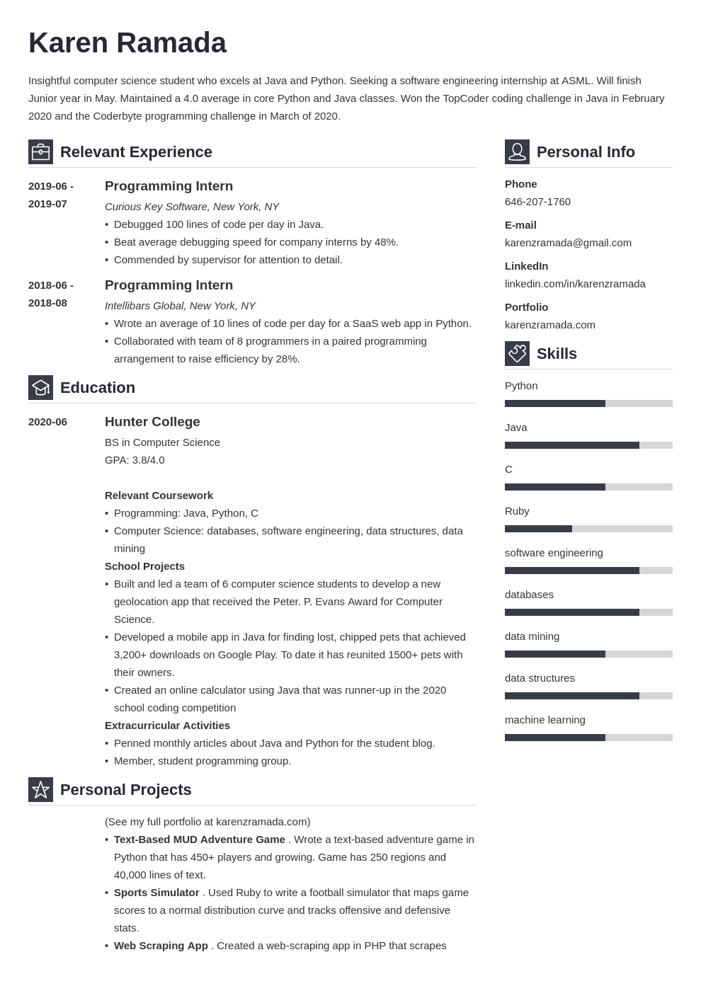Computer Science Internship Resume Template CS Student 