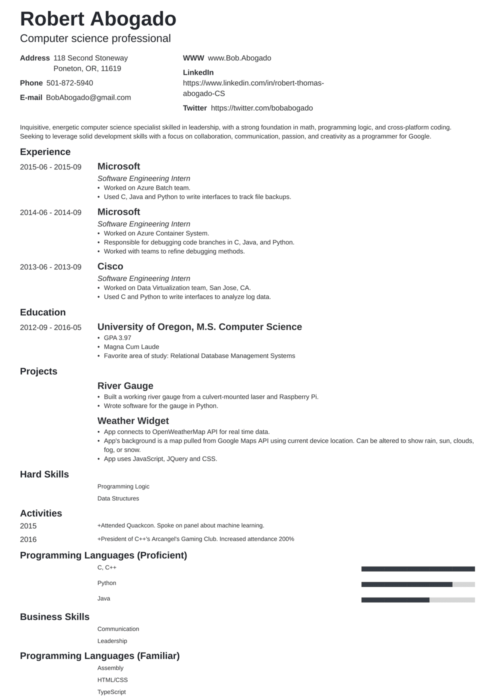 Computer Science CS Resume Example Template Guide 