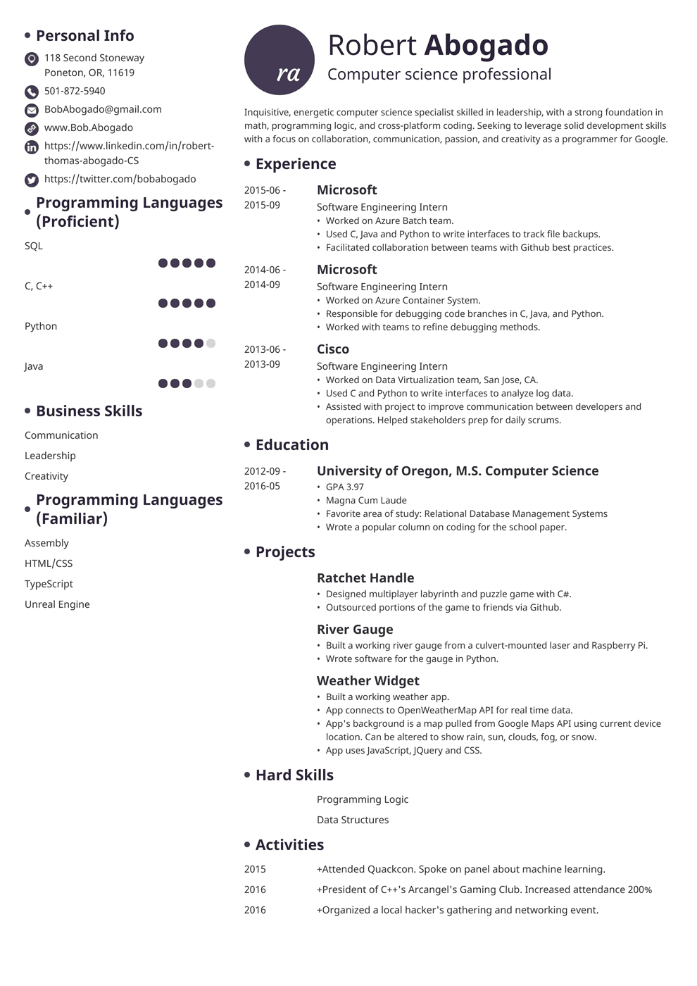 Resume For Computer Science Student