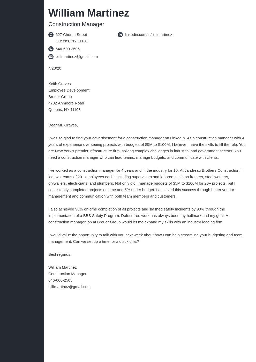  Construction Cover Letter Examples Writing Guide