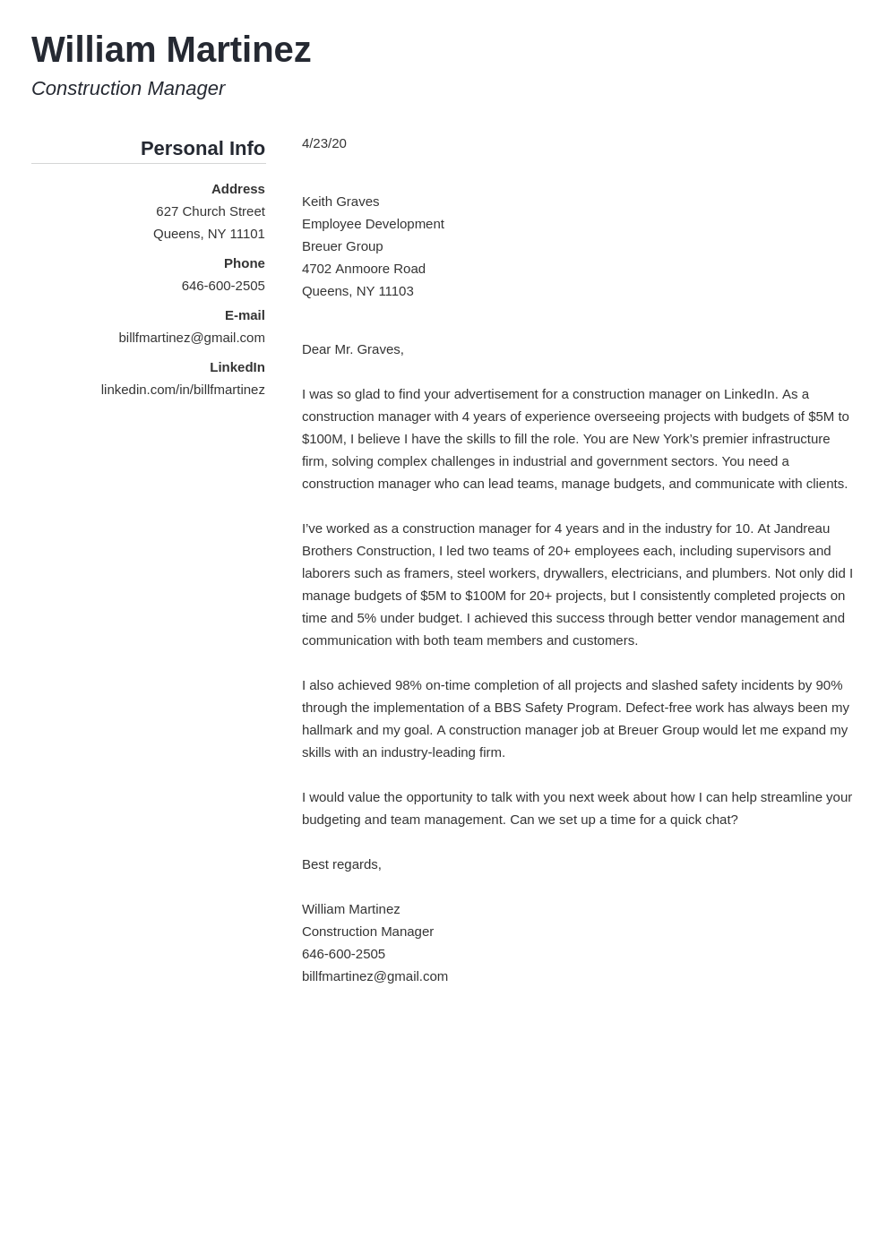 Construction Cover Letter Examples Writing Guide