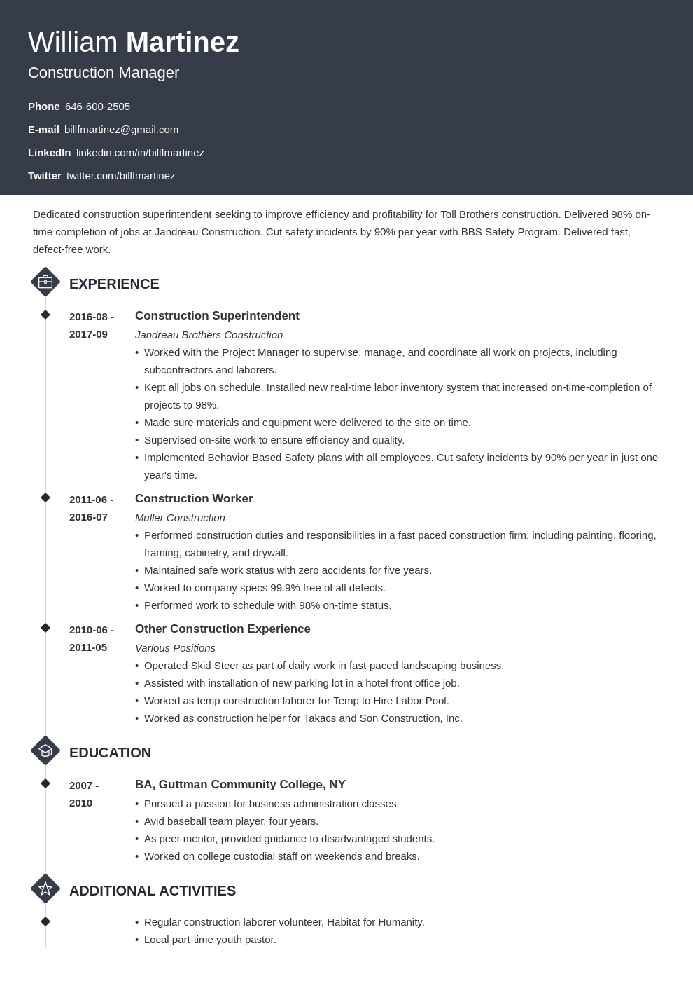 Construction Resume Template Free RalphDayton Blog