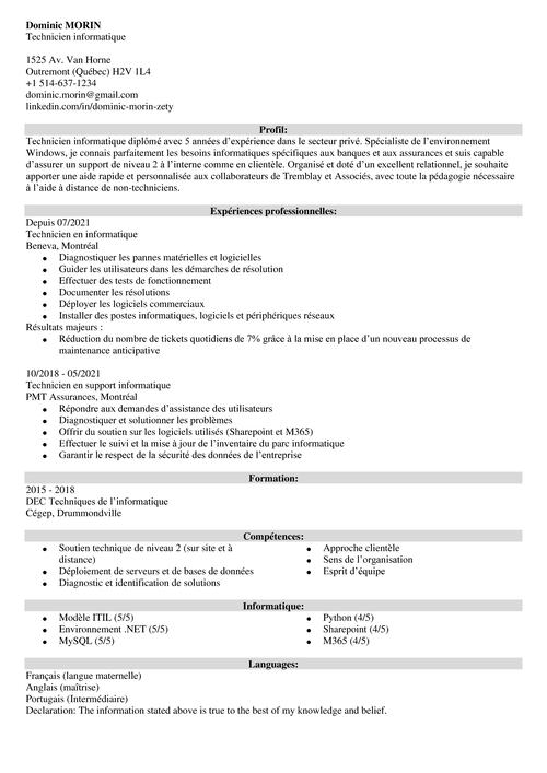Exemple de CV informatique (de technicien à ingénieur TI)