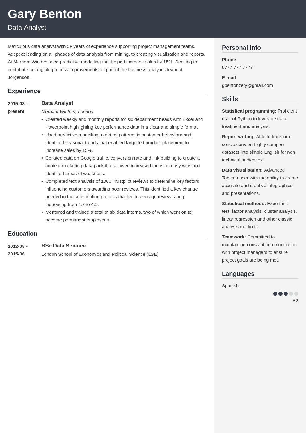 Data Analyst CV Example & Guide for 2025