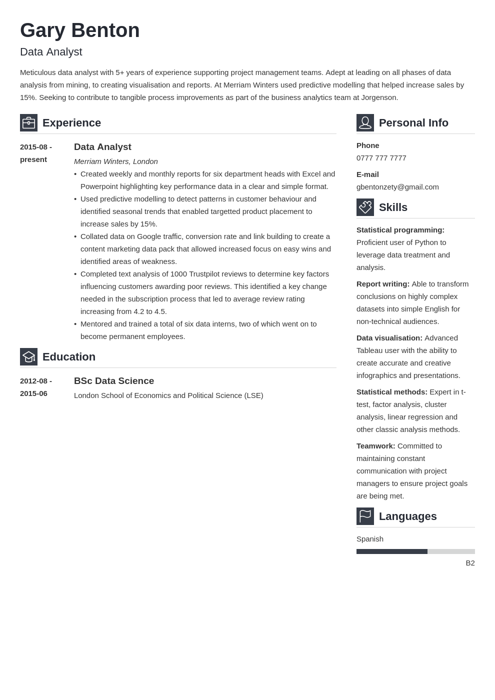 Data Analyst CV Example & Guide for 2025