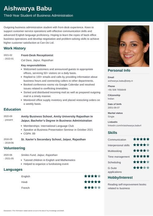 Declaration In Resume For Freshers Experienced Candidates