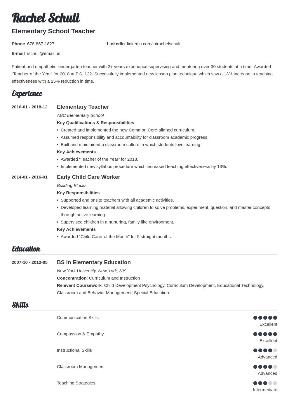 Education Resume Examples For Teaching Jobs