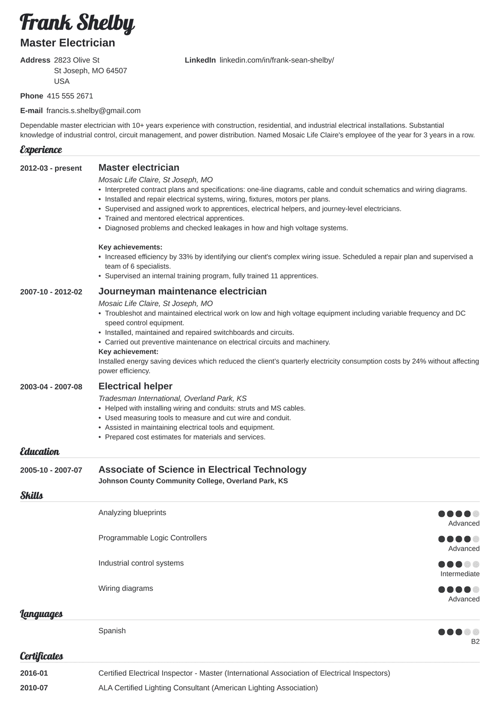 Electrician Resume Examples Apprentice Journeyman Master