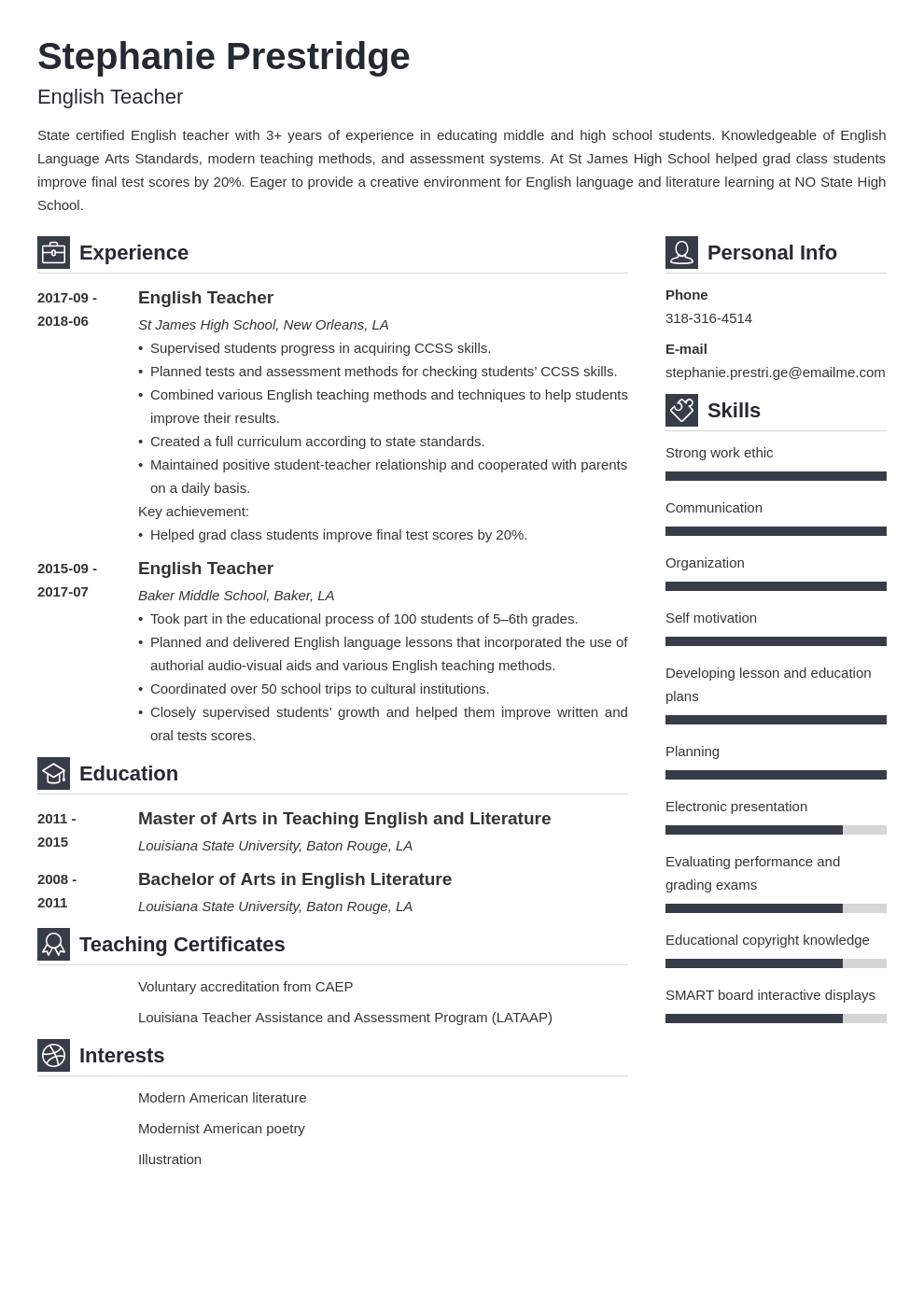 English Teacher Resume Sample Teaching Skills 