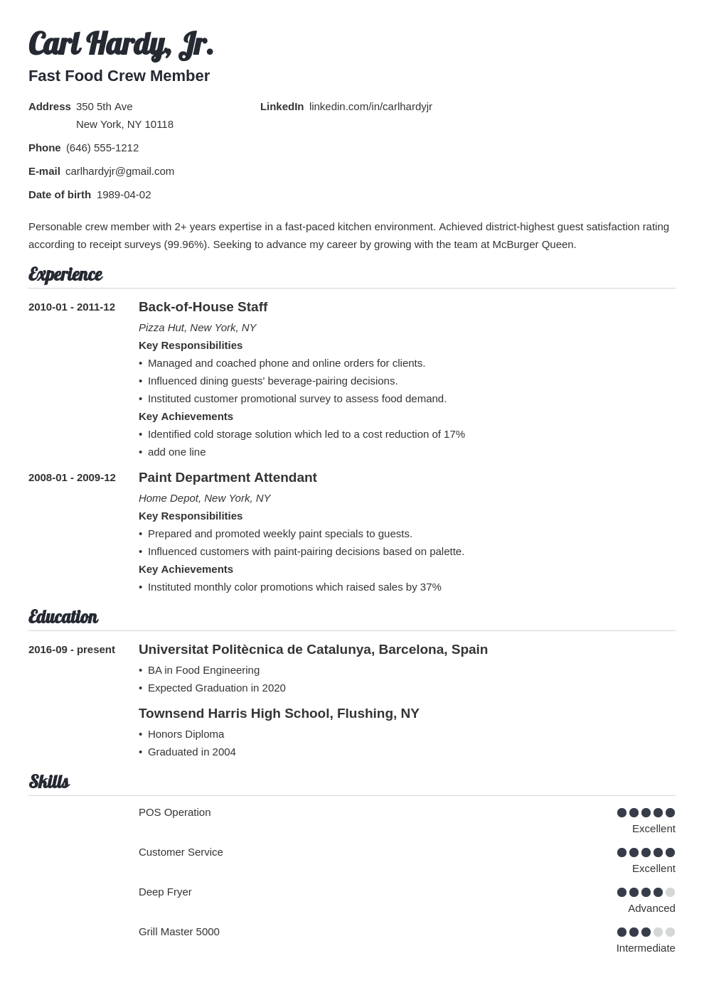 Fast Food Resume Sample Writing Guide 10 Tips 