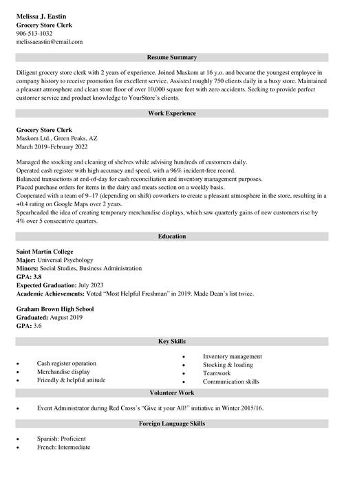 Grocery Store Resume