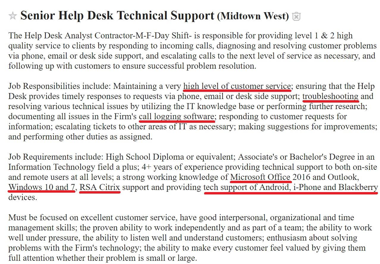 Help Desk Resume Sample Job Description Entry Level 