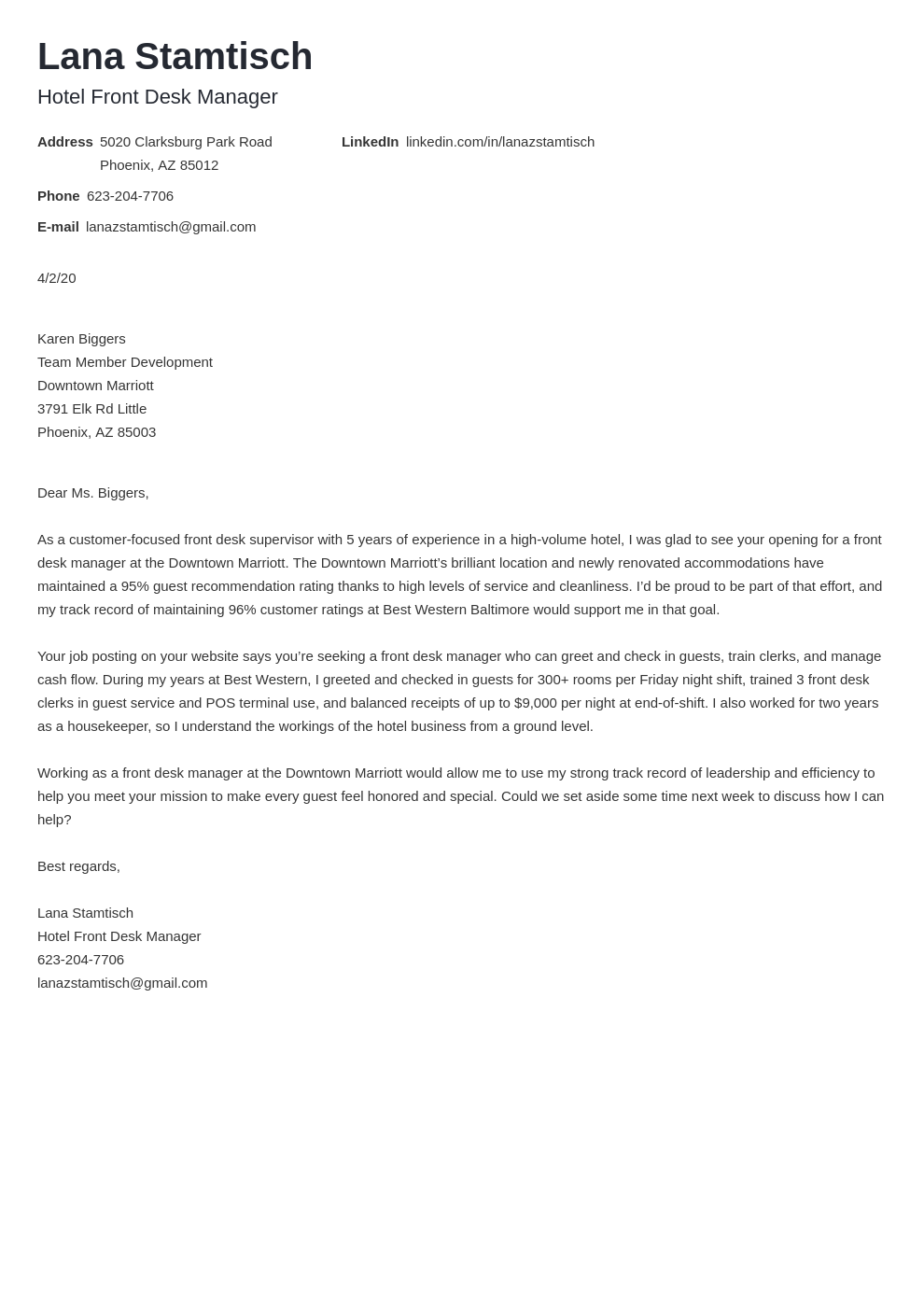 Cover Letter For Hotel Job