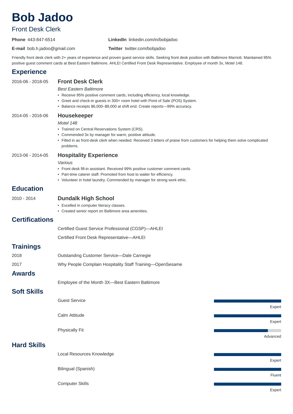 Hospitality Resume Example Guide Hospitality Skills 