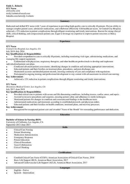 ICU Nurse Resume Sample & SICU / ICU Job Description Tips