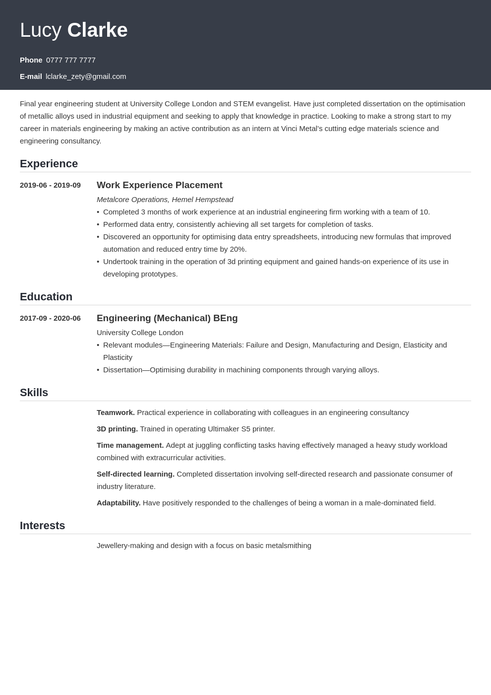 Internship CV Sample And How To Write 10 Templates 