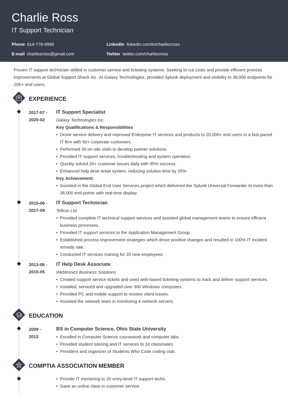  IT Support Resume Examples Help Desk Technician 