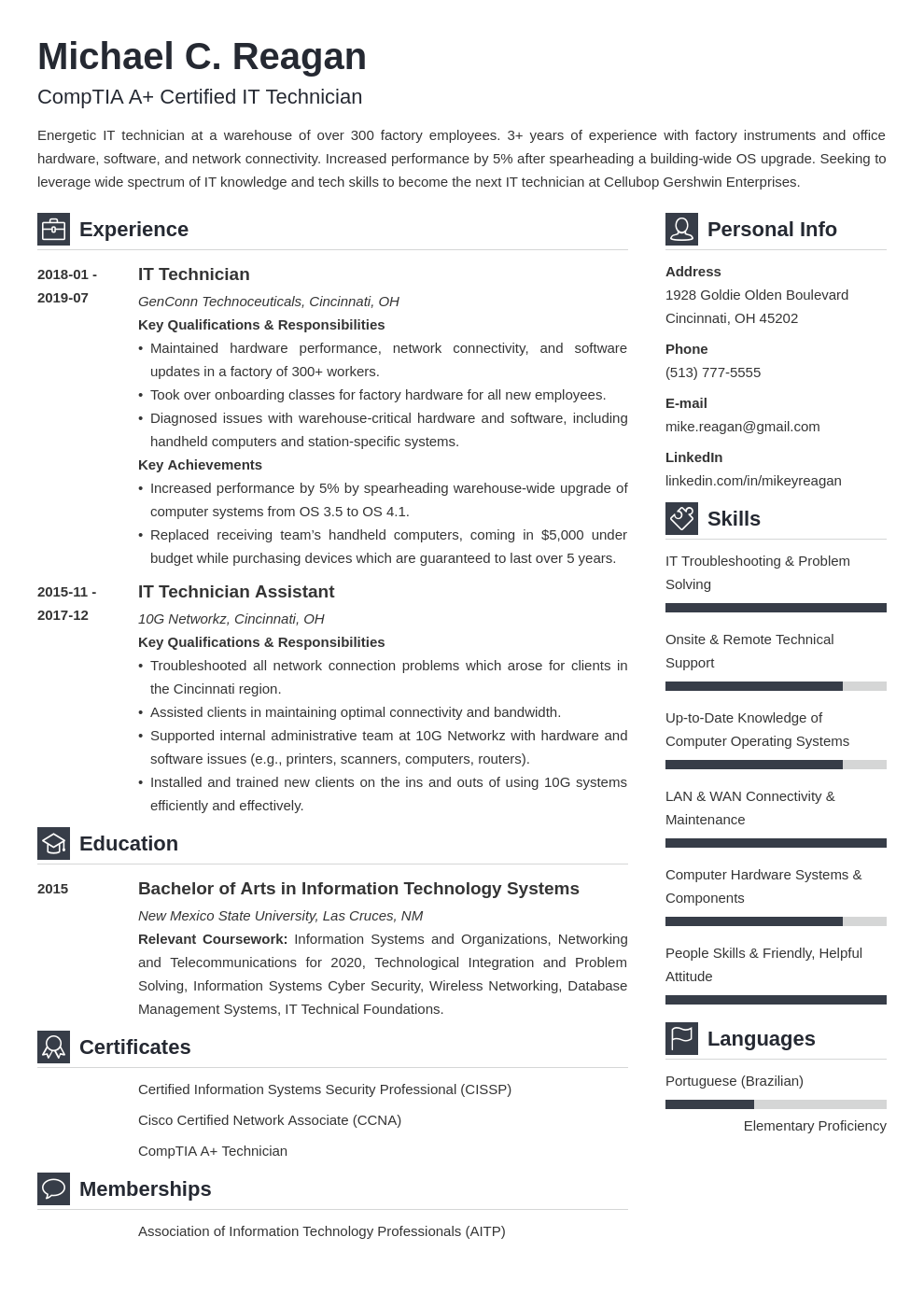 IT Technician Resume Example Guide For 2023