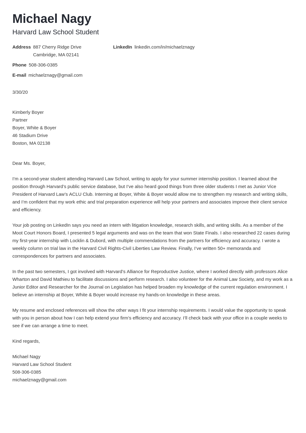 Cover Letter Examples Law