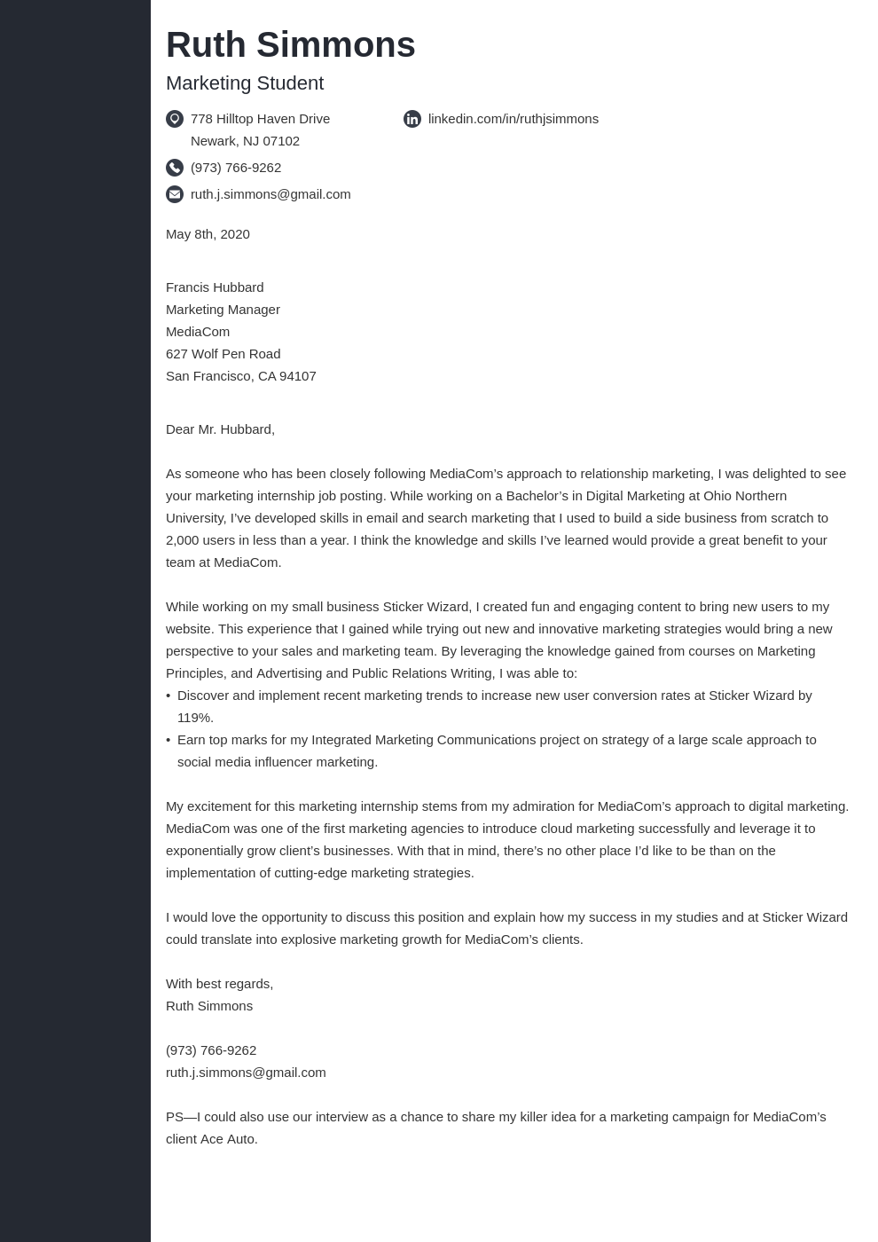 Marketing Intern Cover Letter Writing Guide Examples