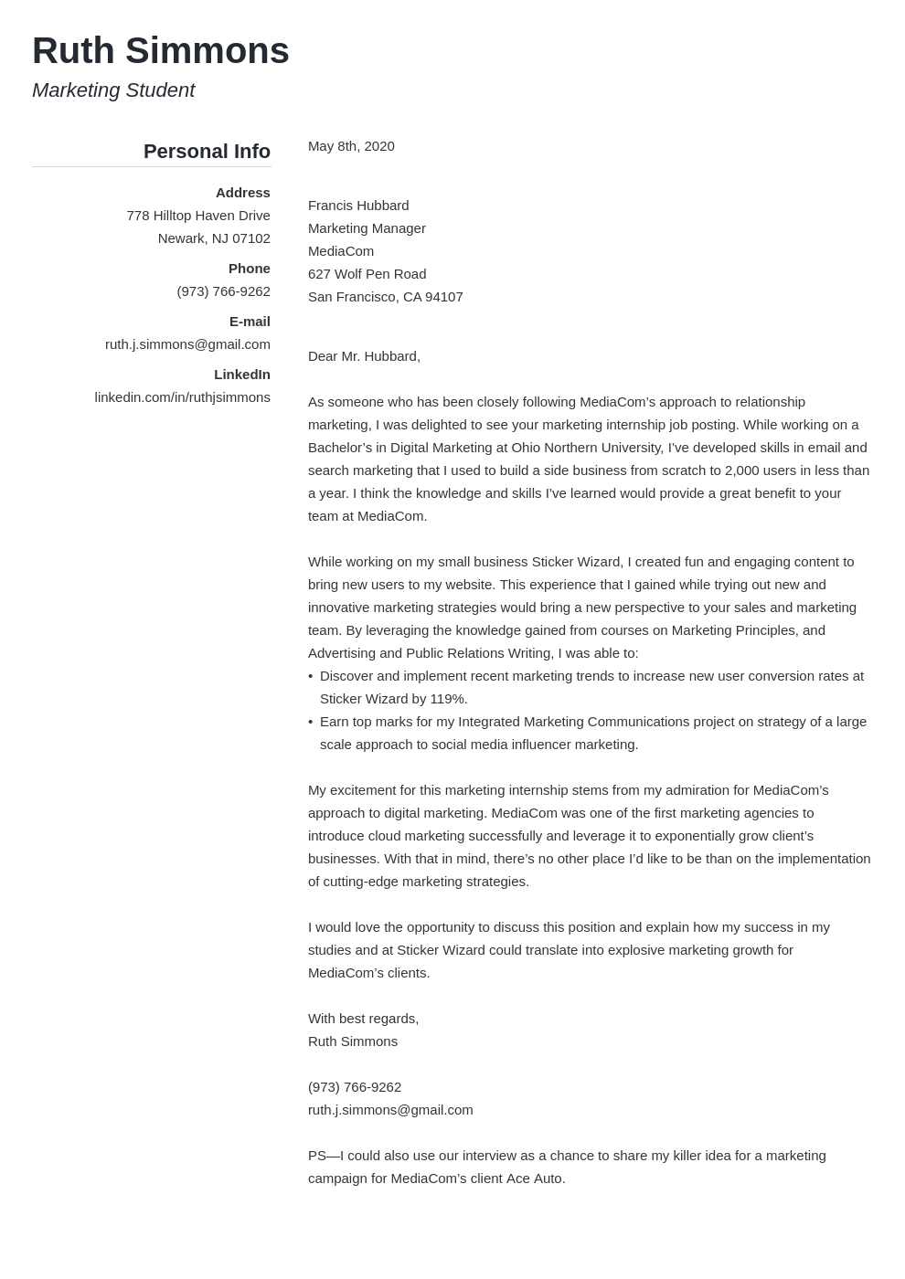 Cover Letter Sample For Marketing Internship Resume Summary Executive 