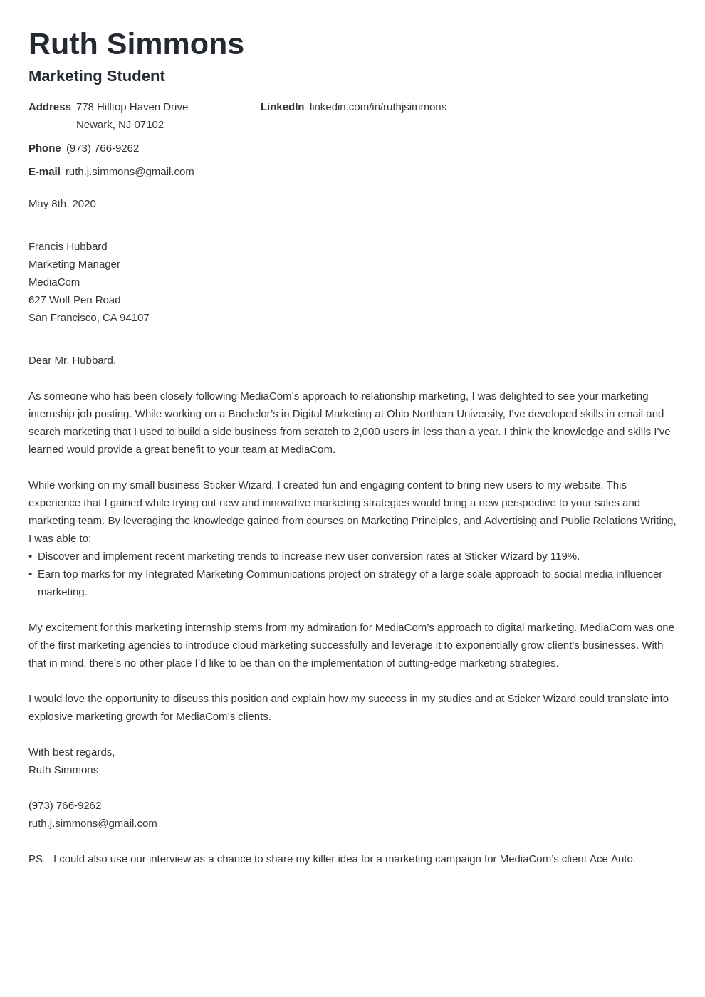 Marketing Intern Cover Letter Writing Guide Examples