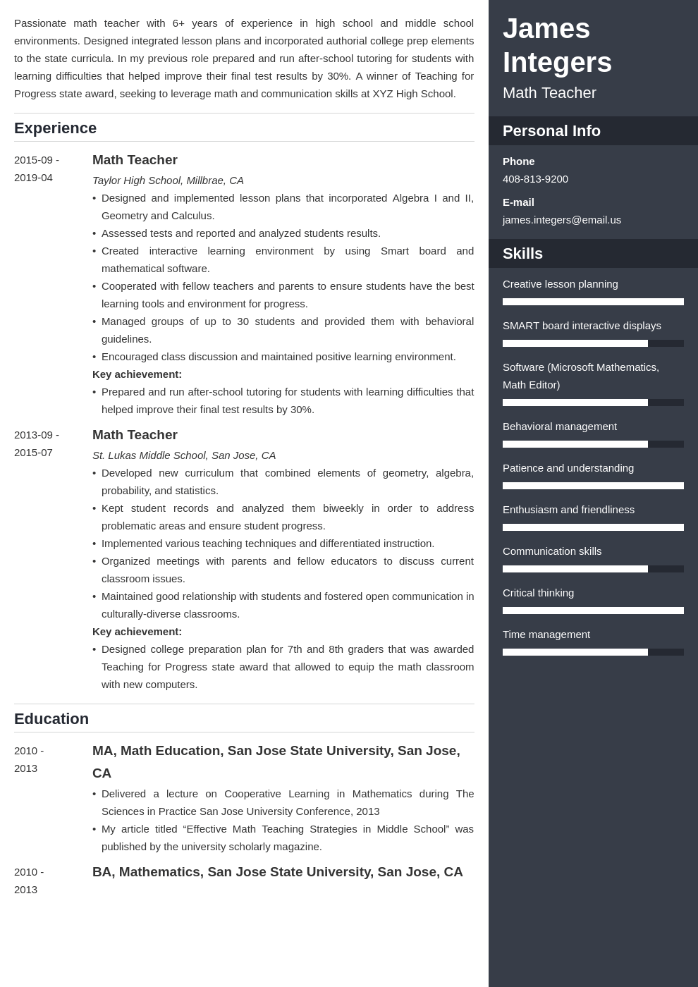 Math Teacher Resume Examples Writing Guide Skills 